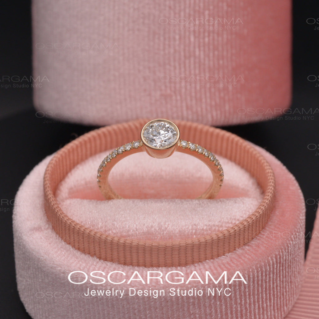 Lite 0.5ct Classic Bezel Pave Diamond Engagement Ring in 14k, 18k or Plat