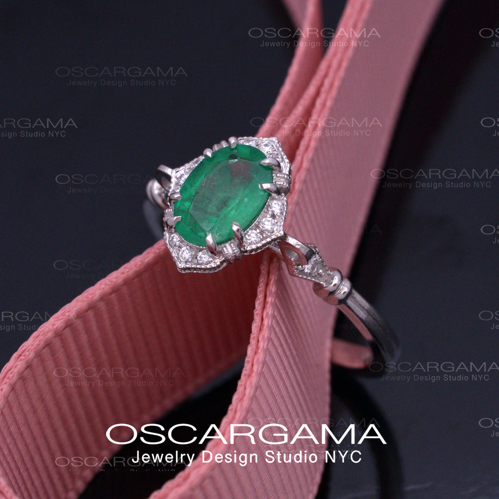 Haydee Green Emerald Oval Halo Engagement Ring Vintage Style in Gold