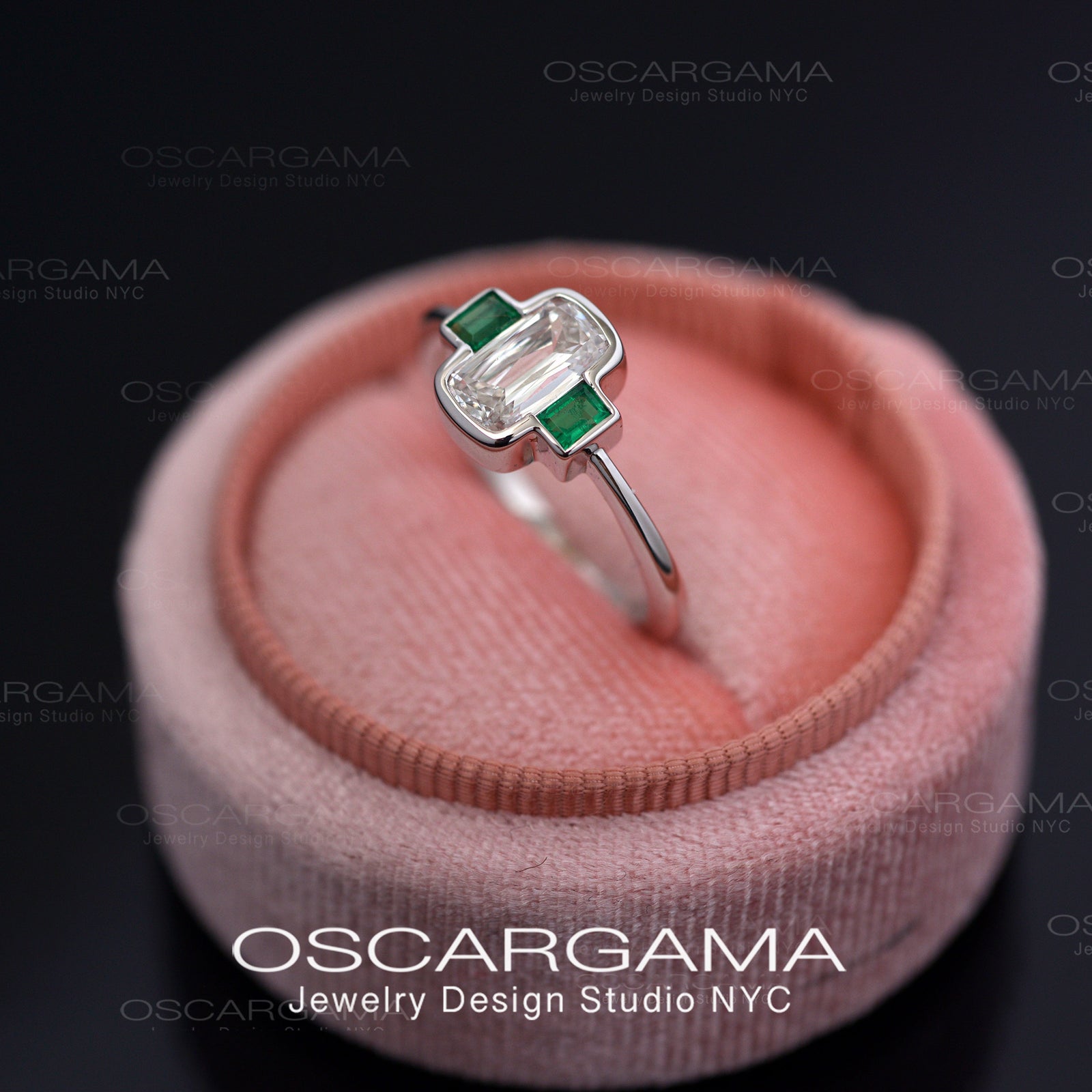 Custom Cushion Bezel Chriss Cut diamond with Colombian Emeralds