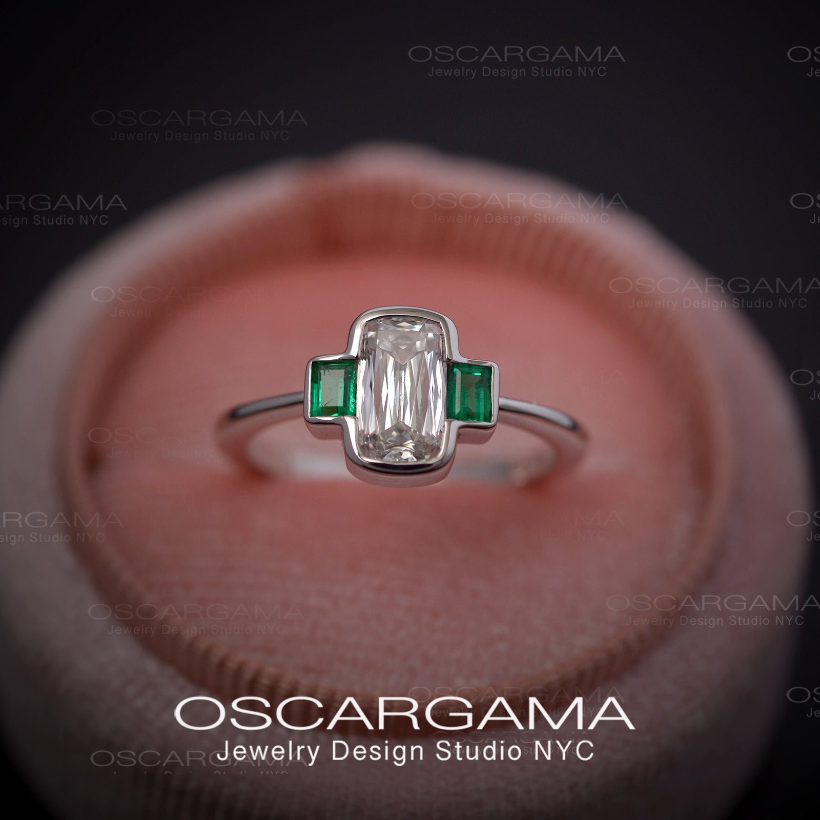 Custom Cushion Bezel Chriss Cut diamond with Colombian Emeralds