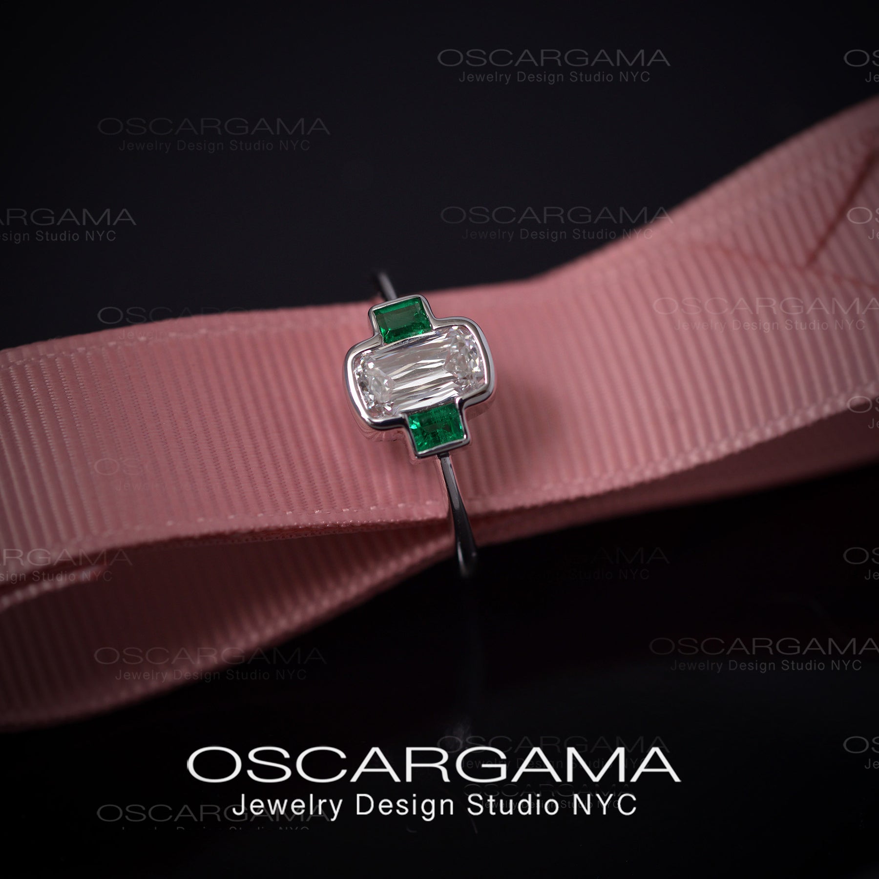 Custom Cushion Bezel Chriss Cut diamond with Colombian Emeralds