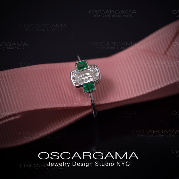 Custom Cushion Bezel Chriss Cut diamond with Colombian Emeralds